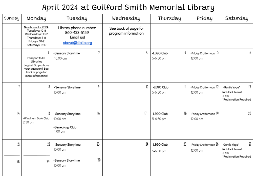 Upcoming Events @ GSML – Guilford Smith Memorial Lirary
