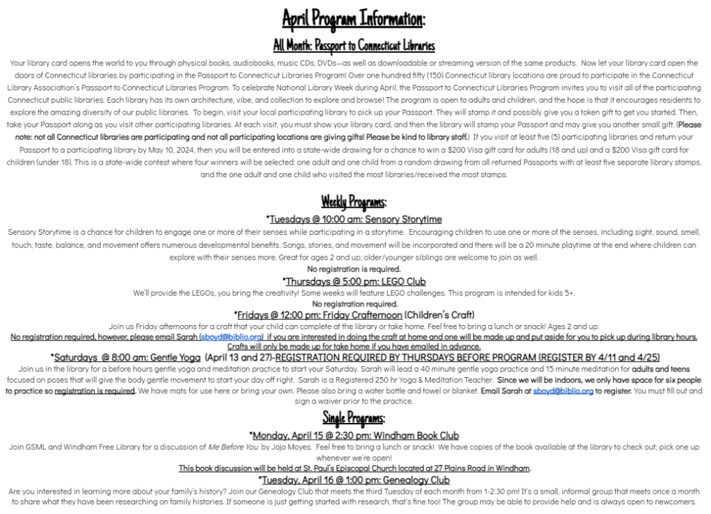 Upcoming Events @ GSML – Guilford Smith Memorial Lirary